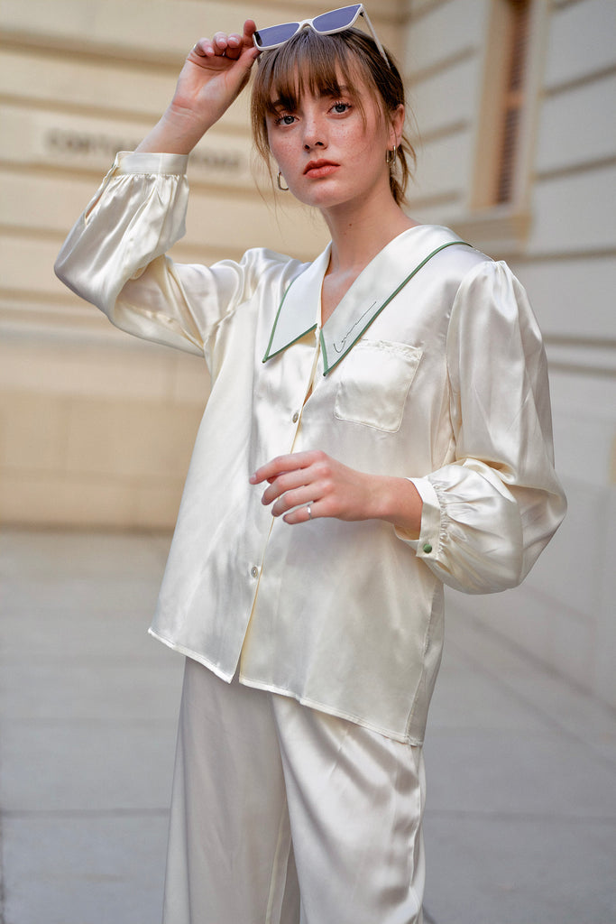 Silk French Style Long Set White Pajama White Blouse Pants | Not Just ...