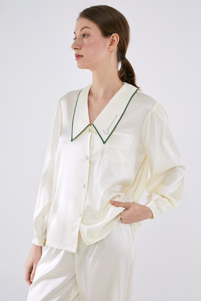 Silk French Style Long Set White Pajama White Blouse Pants | Not Just ...