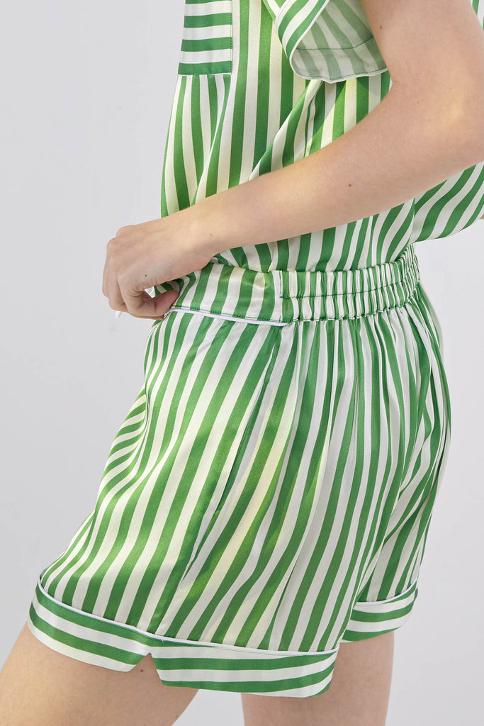 Silk Short Set Pajama Green Stripes Top Sleepwear Pants – Not Just Pajama