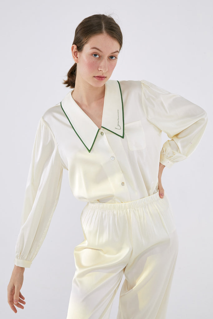 Silk French Style Long Set White Pajama White Blouse Pants | Not Just ...