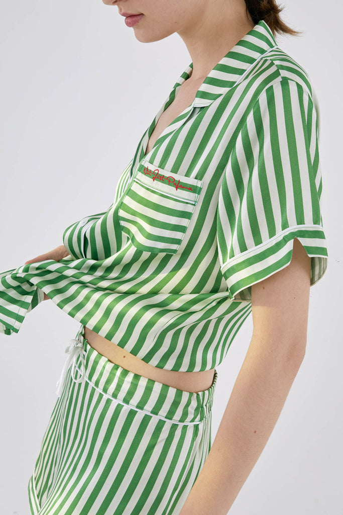 Silk Short Set Pajama Green Stripes Top Sleepwear Pants – Not Just Pajama